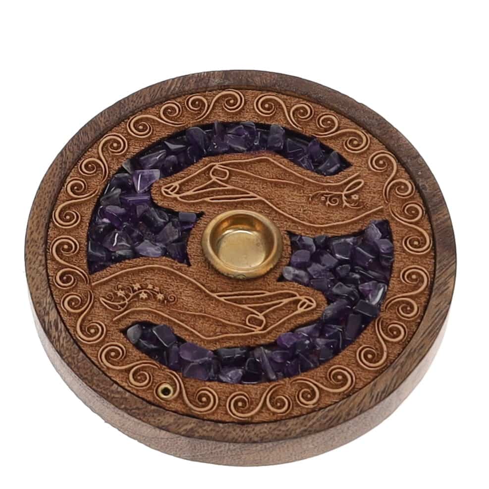 Wood Incense Disc Healing Hands with Amethyst | The Herb Temple